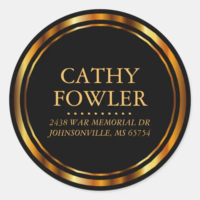 Round Circle Address - Black and Gold Classic Round Sticker | Zazzle