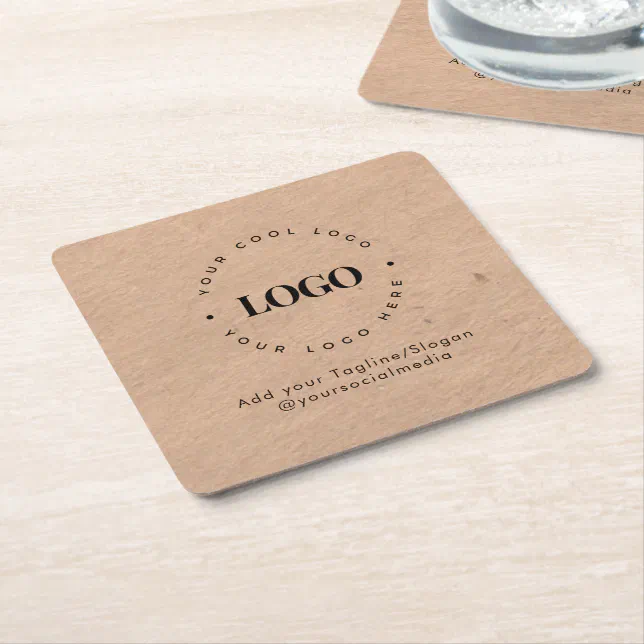 Round Circle Custom Company Logo Rustic Kraft Square Paper Coaster | Zazzle