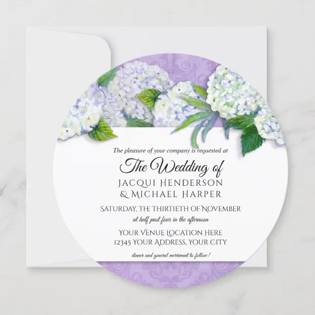 Round Damask Hydrangea Purple Floral Wedding Invitation | Zazzle