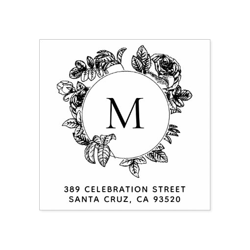 Round Floral Frame Monogram & Return Address Rubber Stamp | Zazzle