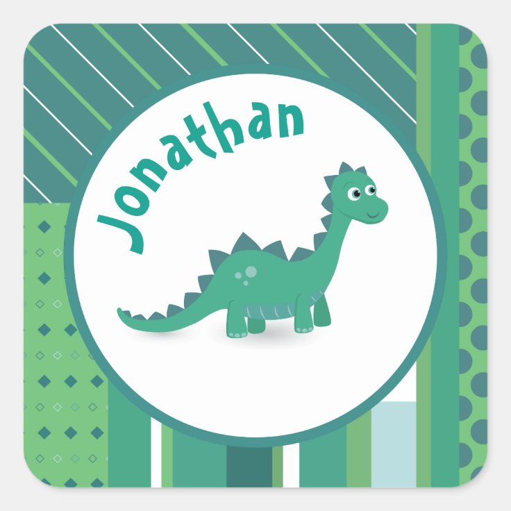 Round frame in gree/blue with cute dinosaur square sticker | Zazzle