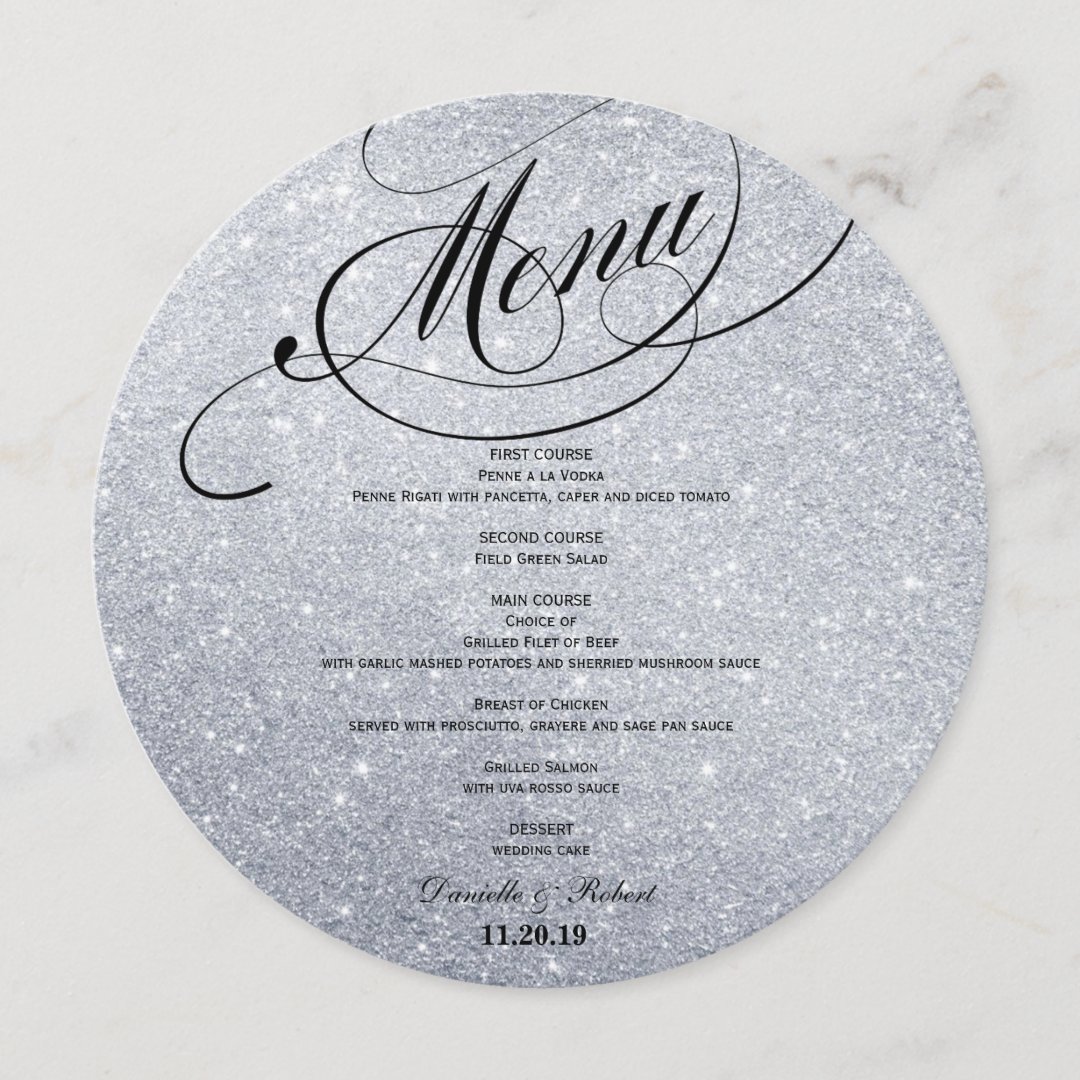 Round Glitter Wedding Dinner Menu Card For Plate | Zazzle