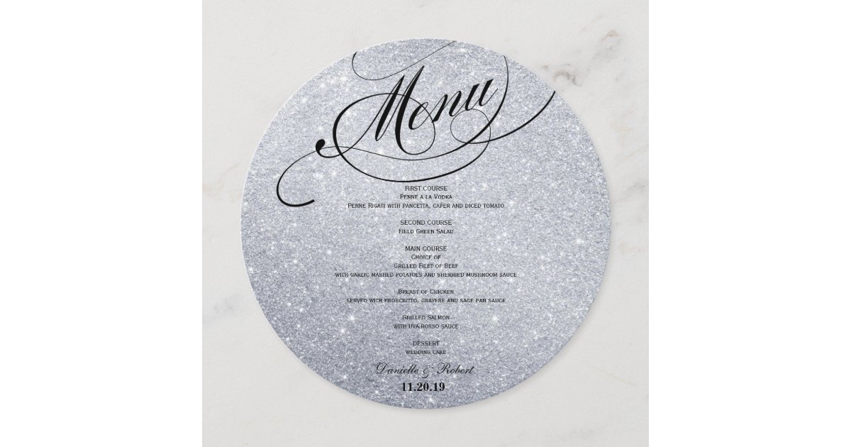 Round Glitter Wedding Dinner Menu Card For Plate | Zazzle