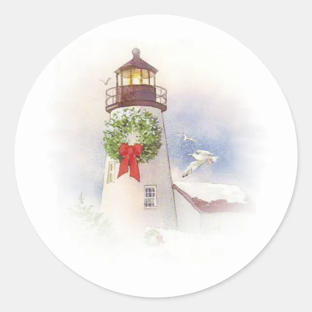 Round Lighthouse Christmas Sticker | Zazzle