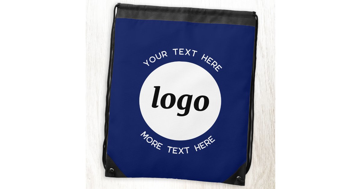 Round Logo Text Promotional Business Navy Blue Drawstring Bag | Zazzle