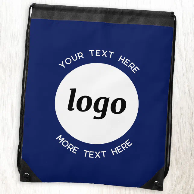 Round Logo Text Promotional Business Navy Blue Drawstring Bag | Zazzle