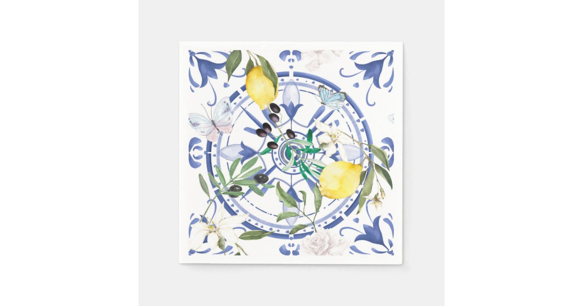 Round,ornate ,Spanish tile ,mediterranean ,lemon, Napkins | Zazzle
