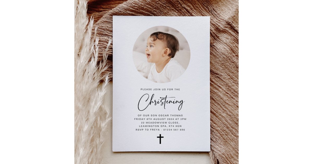 Round Photo Minimalist Christening Invitation | Zazzle