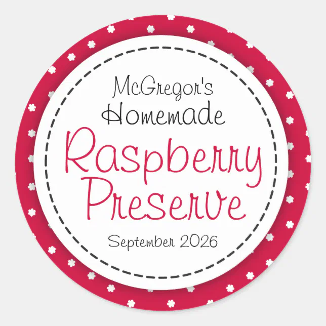 Round raspberry preserve or jam jar food label | Zazzle