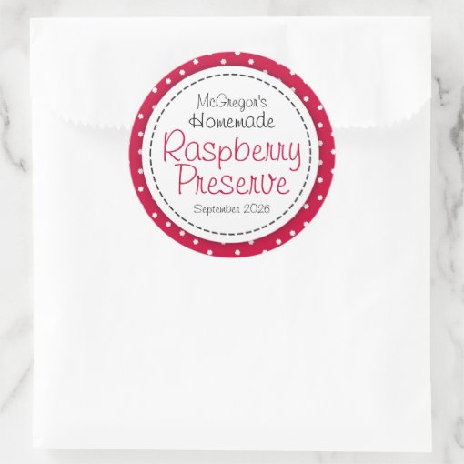 Round raspberry preserve or jam jar food label | Zazzle