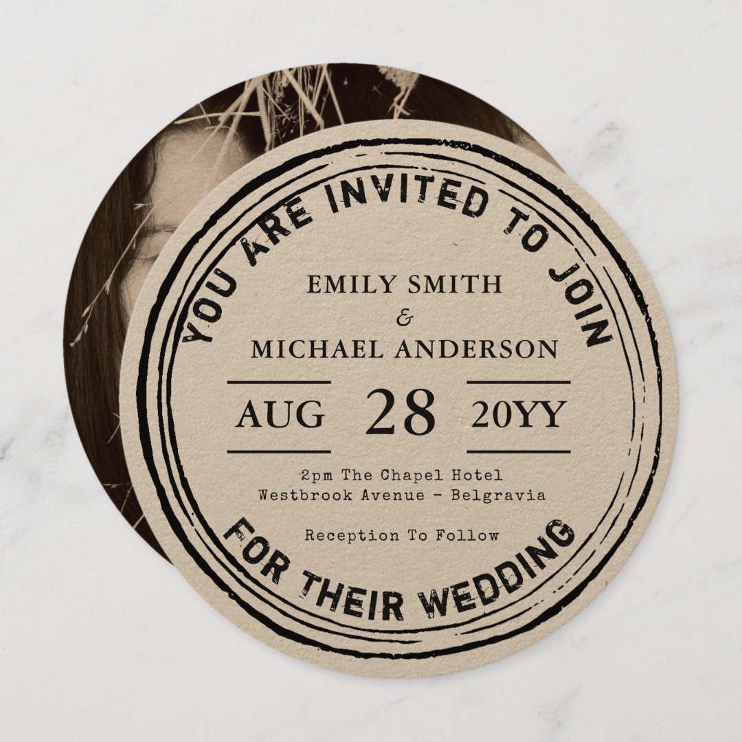 Round Rustic Wedding Invitation Ink Stamp Photo | Zazzle