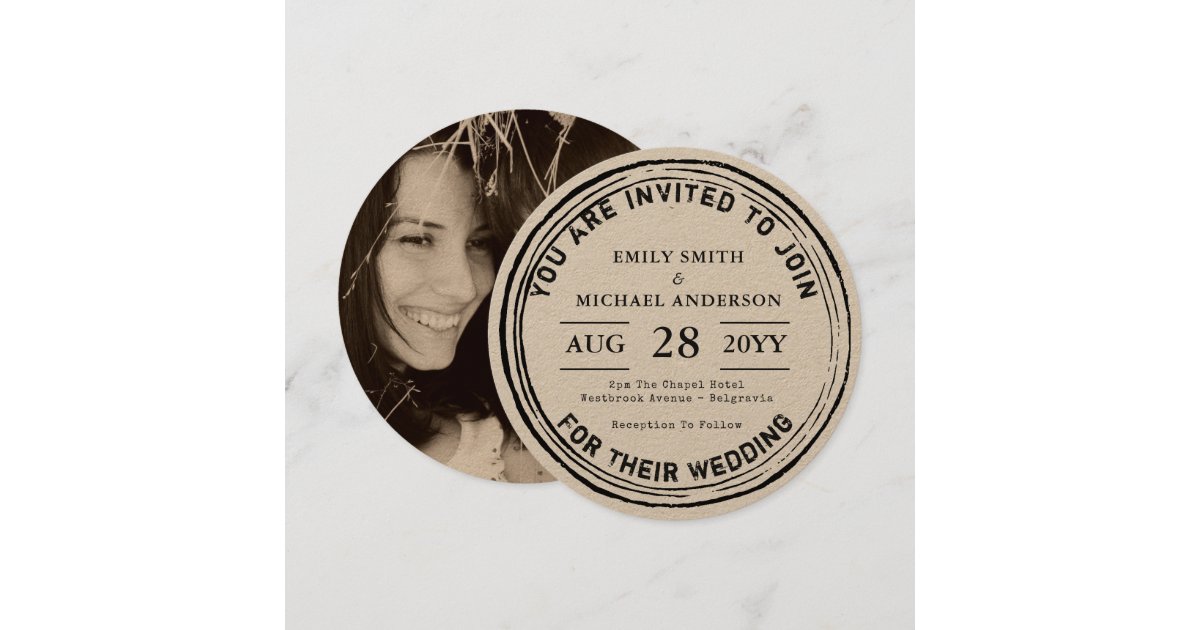 Round Rustic Wedding Invitation Ink Stamp Photo | Zazzle