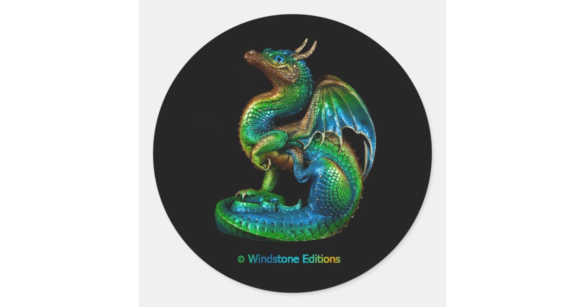 round sticker with a colorful scratching dragon | Zazzle