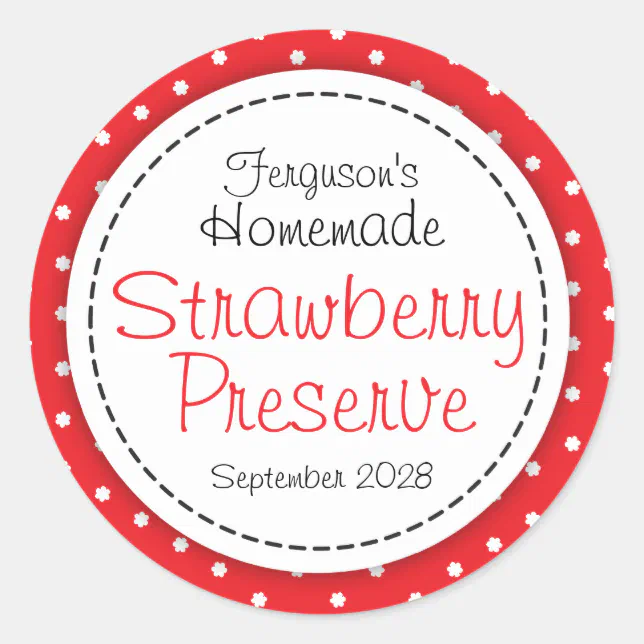 Round strawberry preserve or jam jar food label | Zazzle