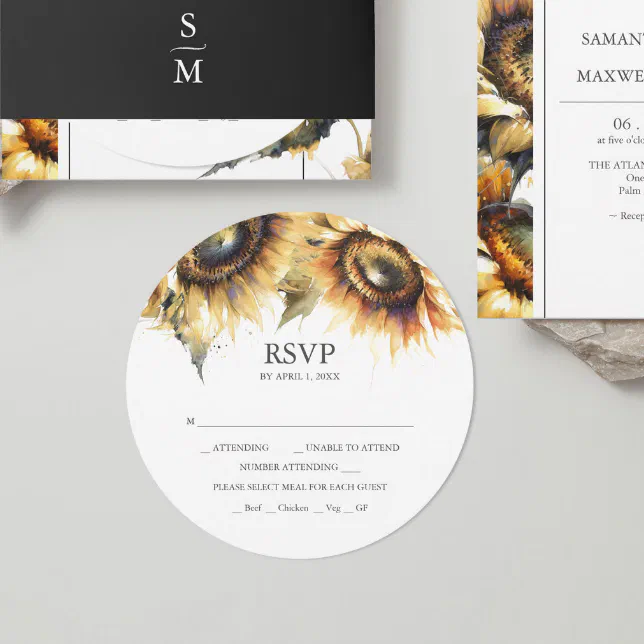 Round Sunflower RSVP Card Stackable Invitations | Zazzle