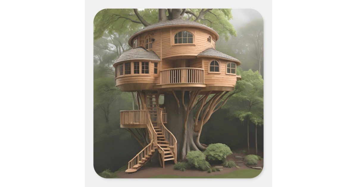 Round tree house square sticker | Zazzle