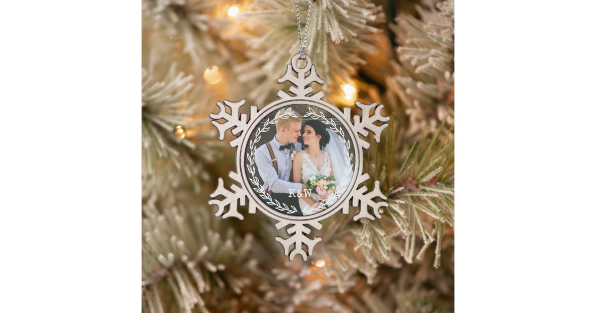 Round Vintage Frame Monogrammed Photo Snowflake Pewter Christmas ...