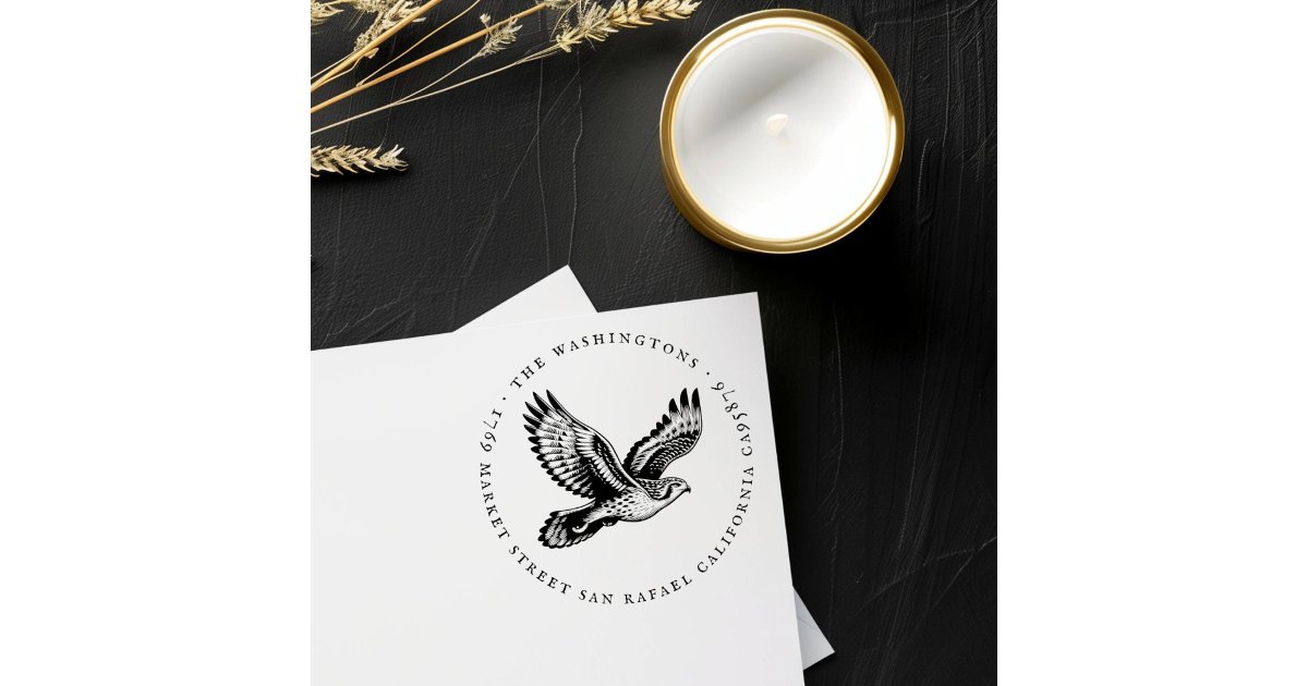 Round Vintage Hawk Family Name Return Address Rubber Stamp | Zazzle