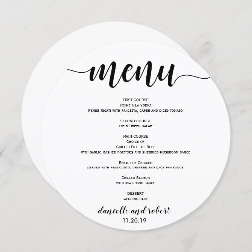 Round Wedding Dinner Menu Card For Plate | Zazzle
