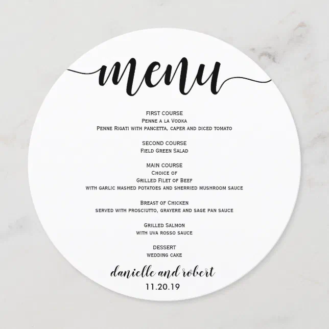 Round Wedding Dinner Menu Card For Plate | Zazzle