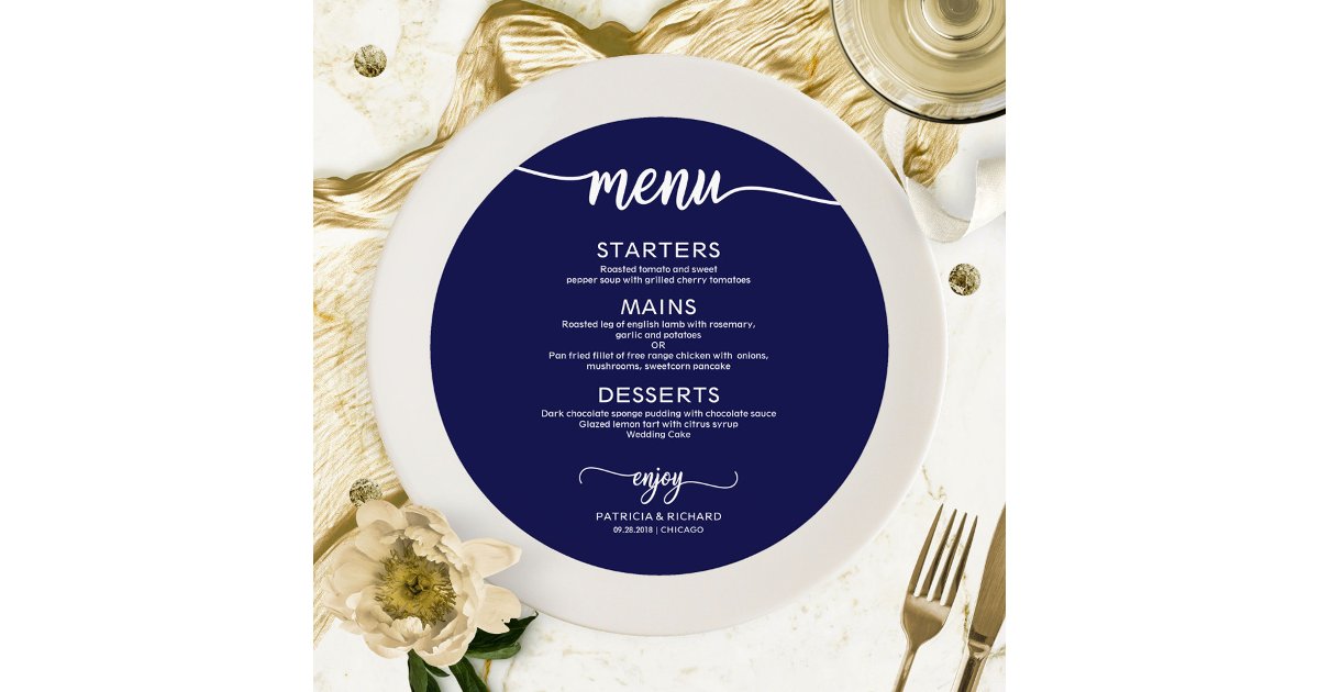 Round Wedding Menu Chic Navy Blue | Zazzle