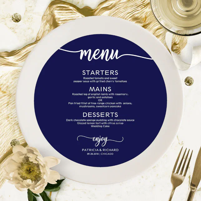 Round Wedding Menu Chic Navy Blue | Zazzle