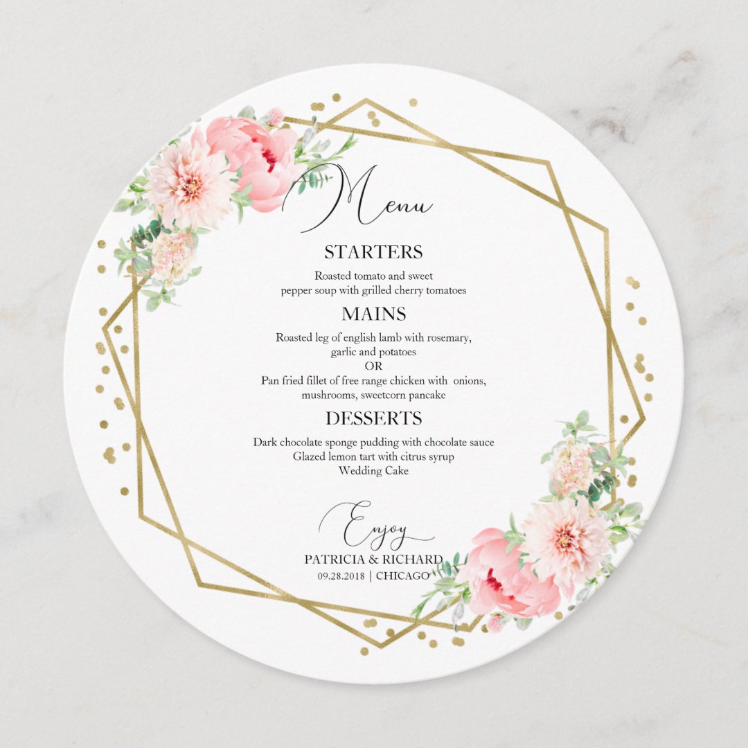 Round Wedding Menu Elegant Floral Geometric | Zazzle