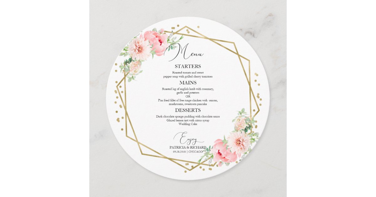 Round Wedding Menu Elegant Floral Geometric | Zazzle