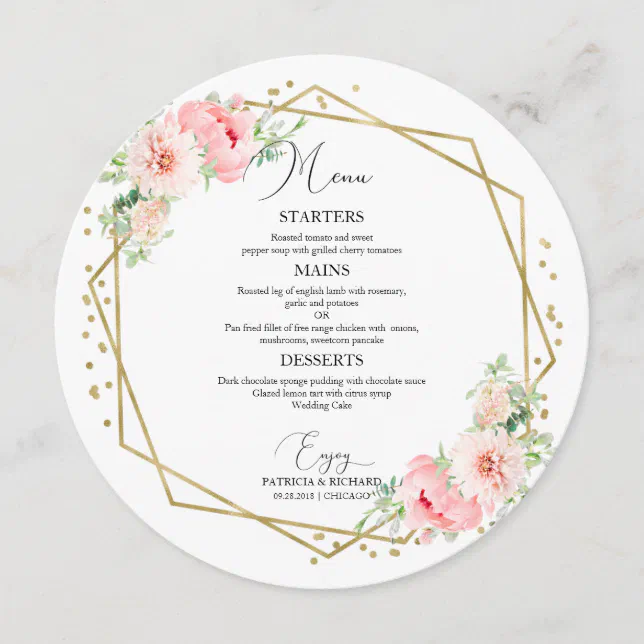 Round Wedding Menu Elegant Floral Geometric | Zazzle