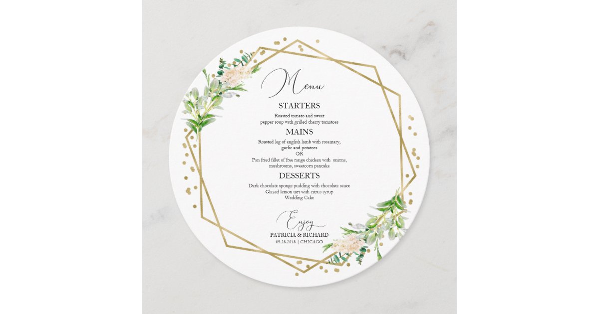 Round Wedding Menu Elegant Greenery Geometric | Zazzle