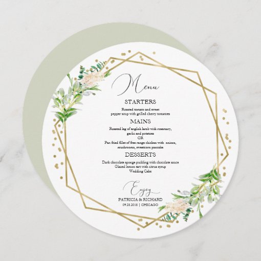 Round Wedding Menu Elegant Greenery Geometric | Zazzle