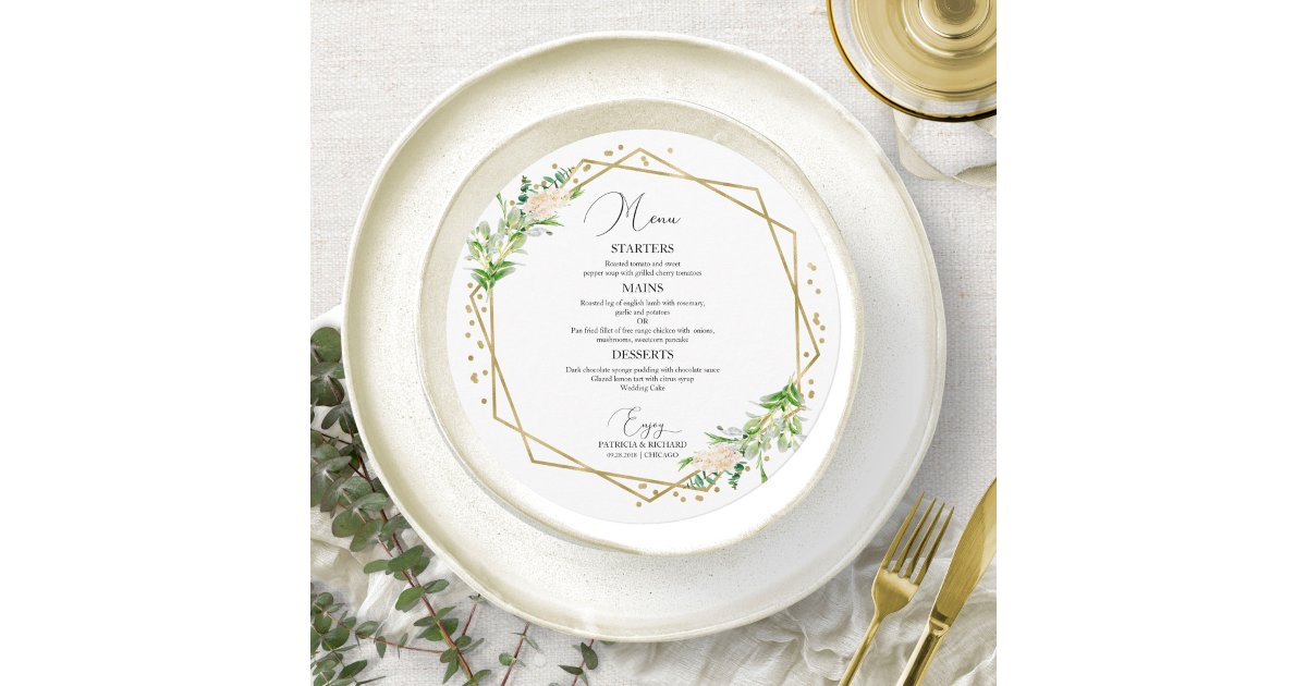 Round Wedding Menu Elegant Greenery Geometric | Zazzle