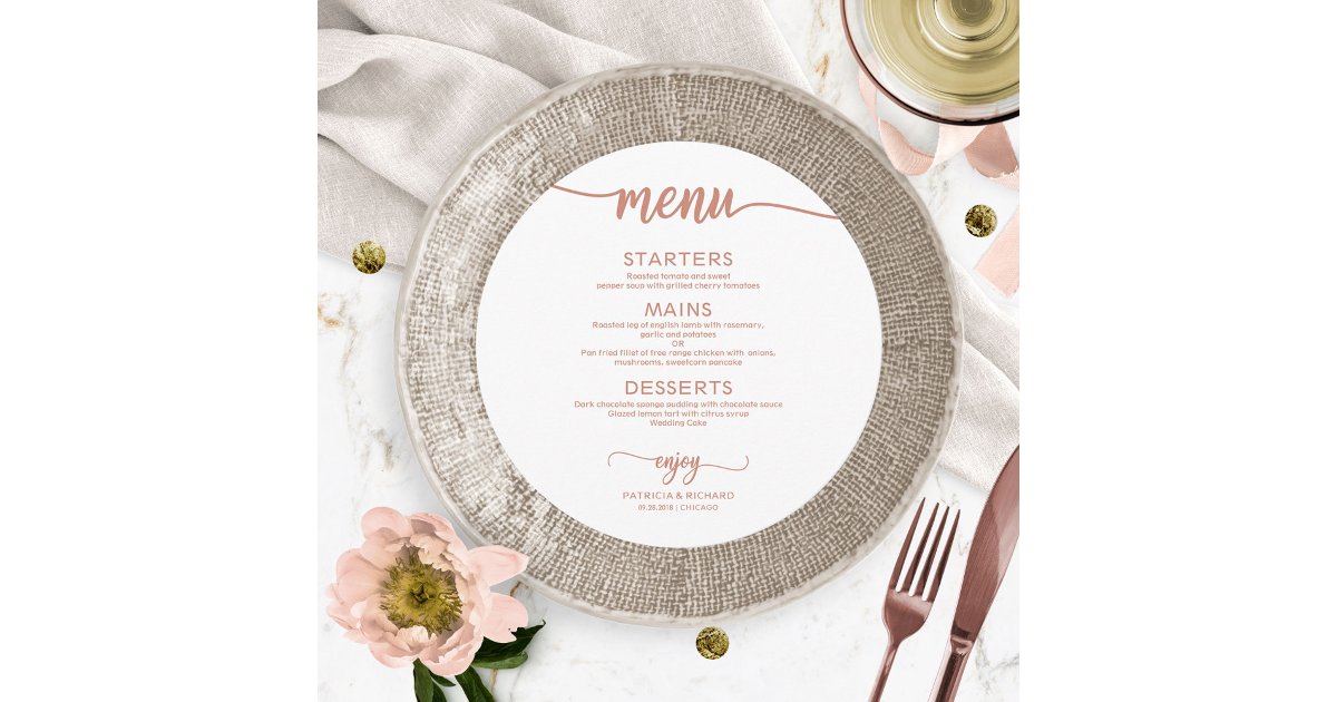 Round Wedding Menu Rose Gold Calligraphy | Zazzle