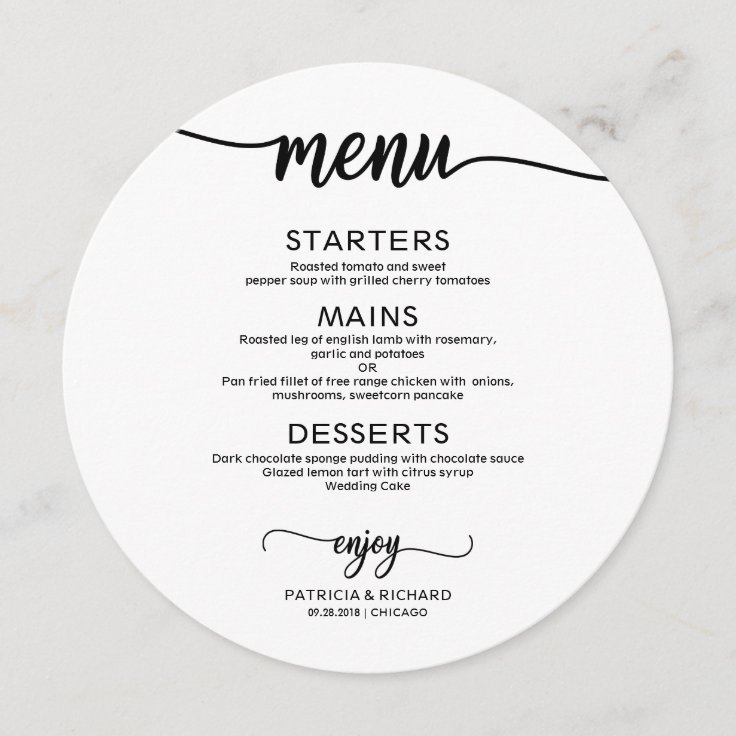 Round Wedding Menu Simple Elegant Calligraphy | Zazzle