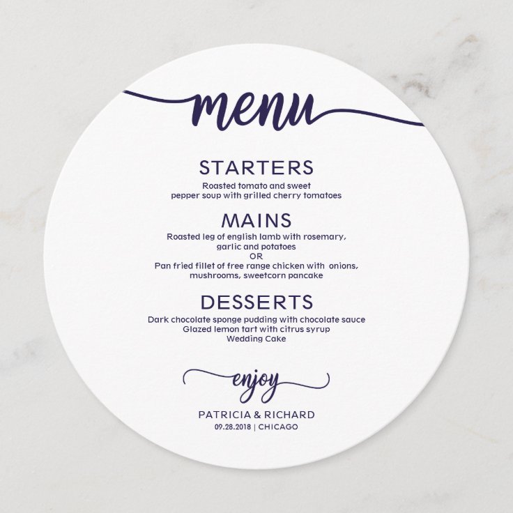 Round Wedding Menu Simple Elegant Chic Navy Blue | Zazzle