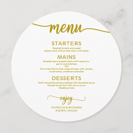 Round Wedding Menu Simple Elegant Gold Calligraphy | Zazzle
