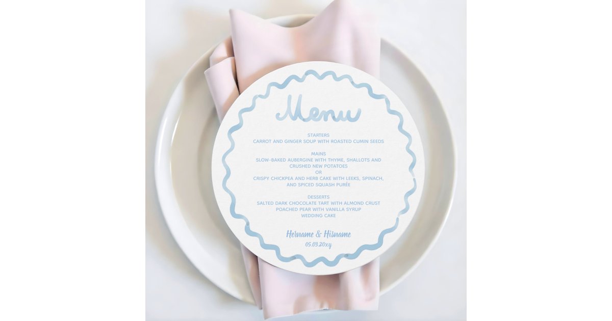 Round Whimsical Blue Wavy Frame Wedding Menu | Zazzle