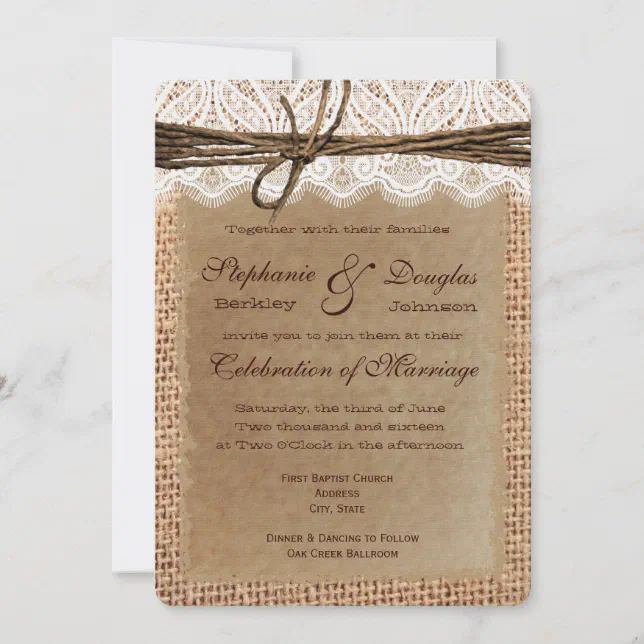 Rounded Corners Burlap Print Wedding Invitations | Zazzle