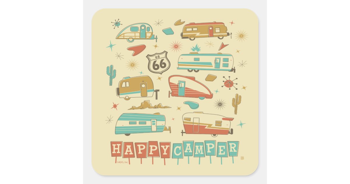 Route 66 Happy Camper Square Sticker | Zazzle
