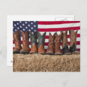 Row of cowboy boots on haystack postcard | Zazzle