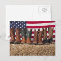 Row of cowboy boots on haystack postcard | Zazzle