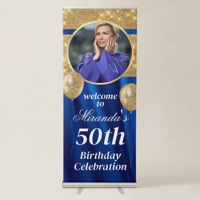 Royal Blue and Gold Birthday Retractable Banner | Zazzle