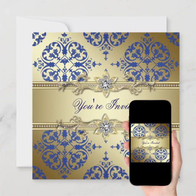 Royal Blue and Gold Damask Party Invitations | Zazzle