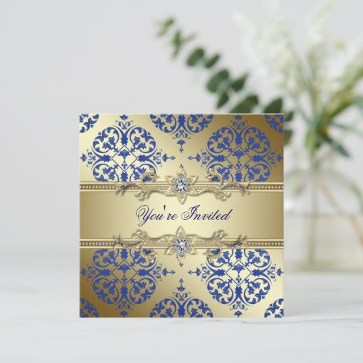 Royal Blue and Gold Damask Party Invitations | Zazzle
