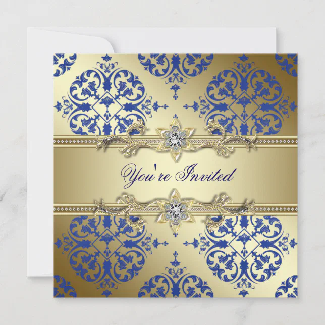 Royal Blue and Gold Damask Party Invitations | Zazzle