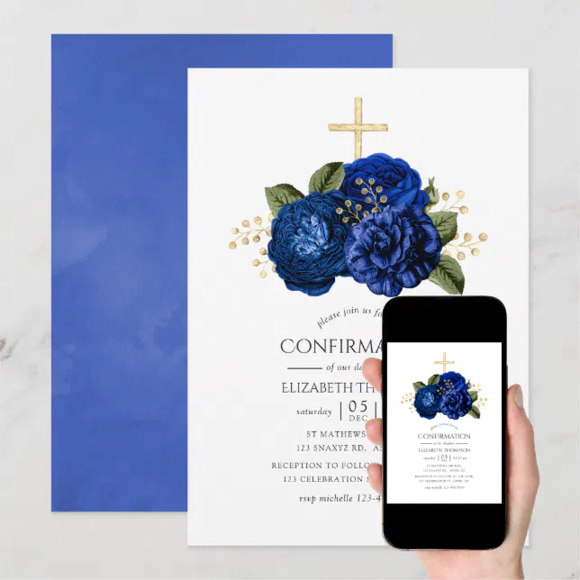 Royal Blue and Gold Floral Confirmation Invitation | Zazzle