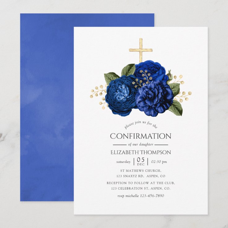 Royal Blue and Gold Floral Confirmation Invitation | Zazzle