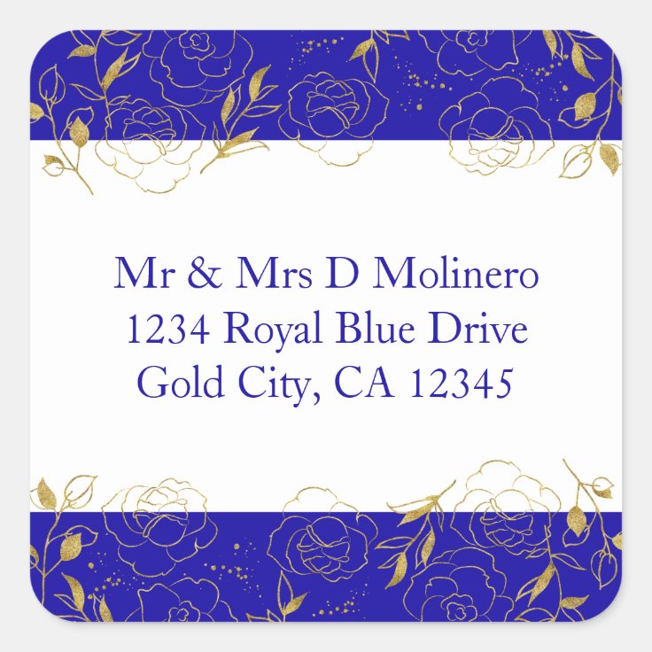 Royal Blue and Gold Floral Square Address Labels | Zazzle