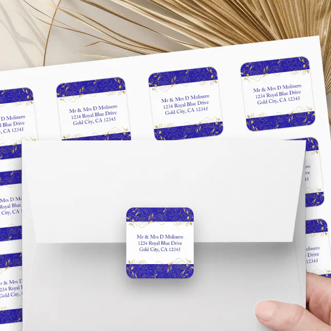 Royal Blue and Gold Floral Square Address Labels | Zazzle