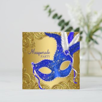 Royal Blue and Gold Masquerade Party Invitation | Zazzle